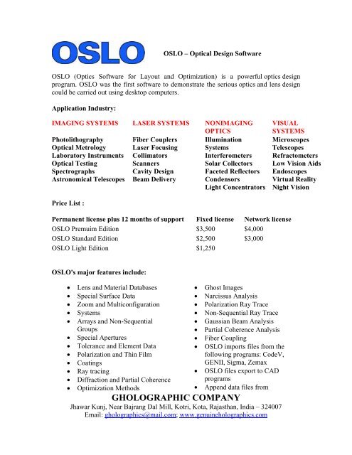 OSLO - Optical Design Software - Gholographic Company