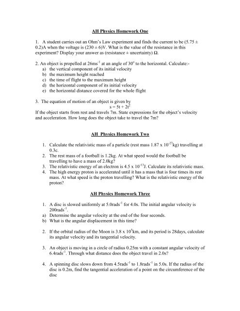 AH Physics Homework One - Mr. Marshallsay's Physics