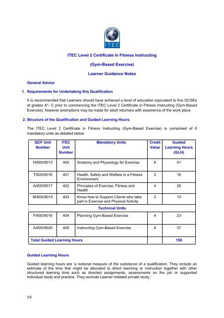 V4 Itec Level 2 Certificate In Fitness Instructing Gym Based