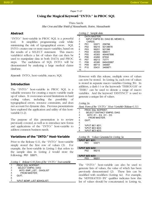 SUGI 27: Using the Magical Keyword 'INTO:' in PROC SQL - SAS