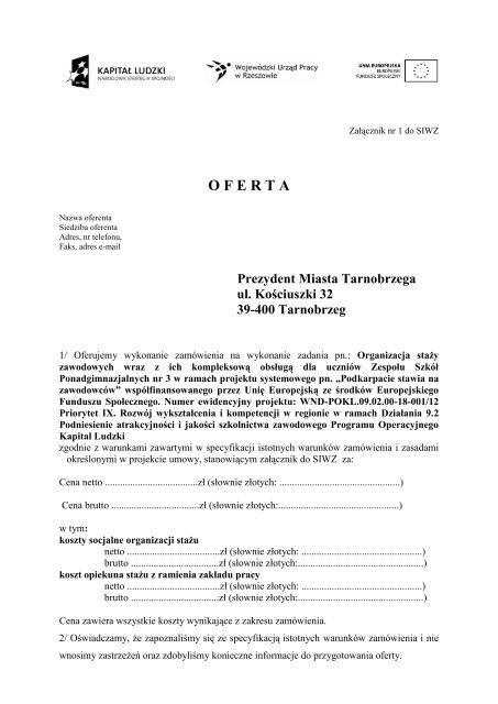wzór oferty - Zespół Szkół Ponadgimnazjalnych nr 3