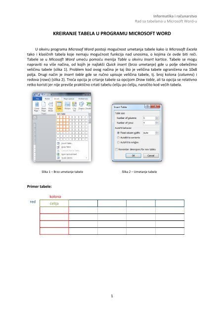 KREIRANJE TABELA U PROGRAMU MICROSOFT WORD