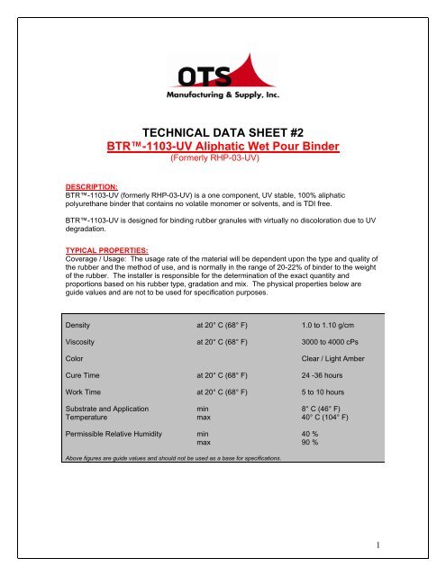 Technical Data Sheet: BTR-1103-UV Binder - Otscompany.com