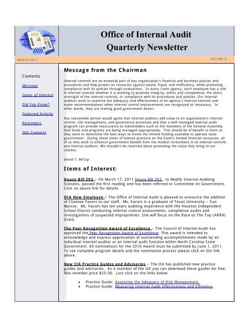 Office of Internal Audit Quarterly Newsletter - Office of State Budget ...