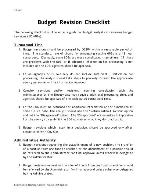 Budget Revision Checklist - Office of State Budget and Management