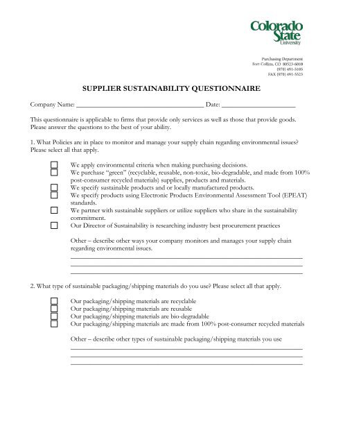 SUPPLIER SUSTAINABILITY QUESTIONNAIRE