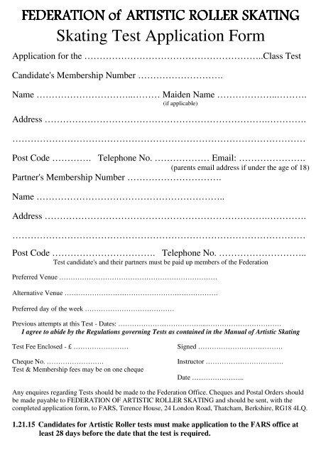 Skating Test Application Form - Federation of Artistic Roller Skating