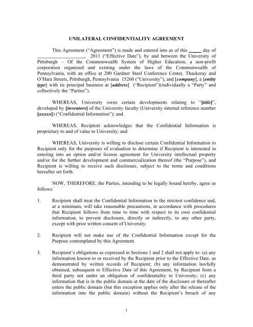 UNILATERAL CONFIDENTIALITY AGREEMENT This Agreement ...