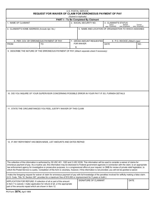 PS Form 3074, Request for Waiver of Claim for Erroneous Payment ...