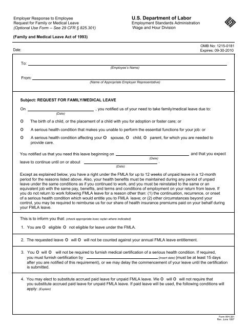 FMLA Employer Response To Employee Re For FMLA Leave FMLA Employer Response To Employee Re For FMLA Leave