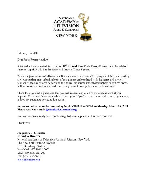 press credentials form - New York Emmy Awards