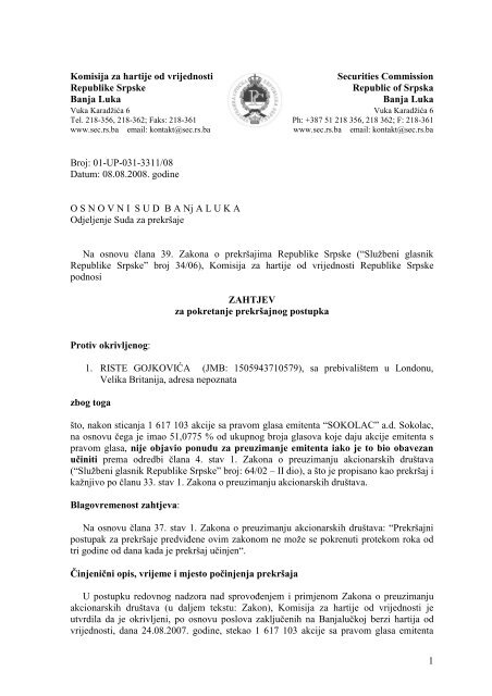 Zahtjev za pokretanje prekrÅ¡ajnog postupka - Komisija za hartije od ...