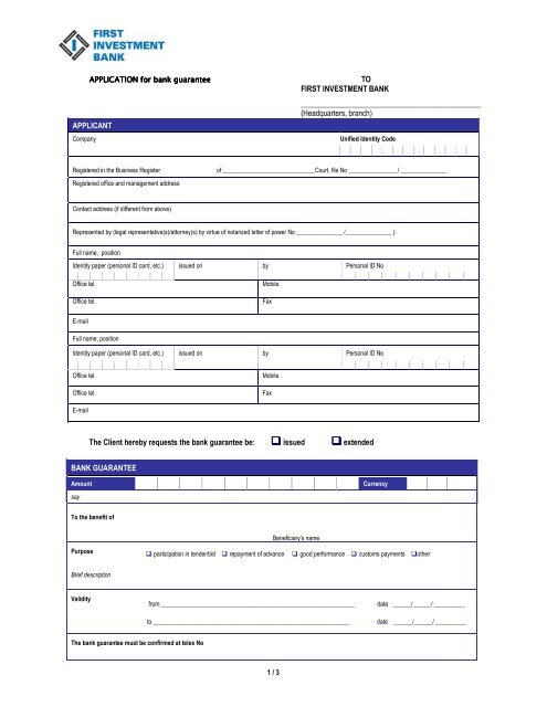 Application for bank guarantee