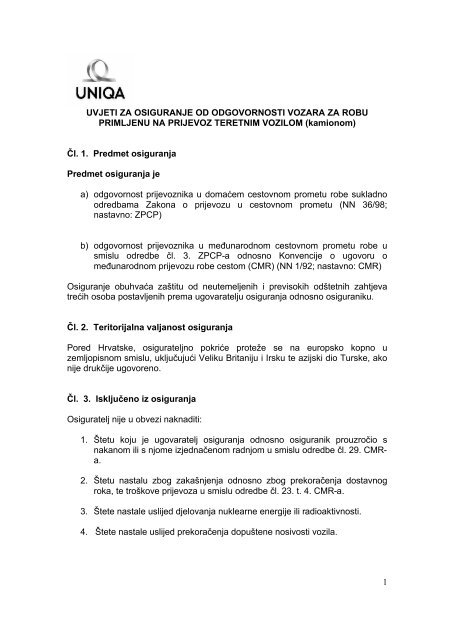 Uvjeti za osiguranje od odgovornosti vozara - CMR - Kelta