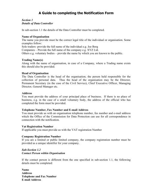 A Guide to completing the Notification Form - Data Protection