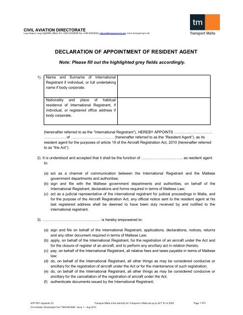 declaration of appointment of resident agent - Transport Malta