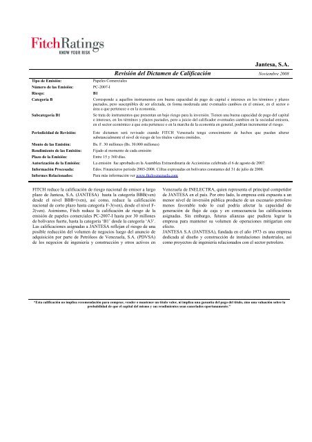 Jantesa, S.A. RevisiÃ³n del Dictamen de CalificaciÃ³n - Fitch Venezuela