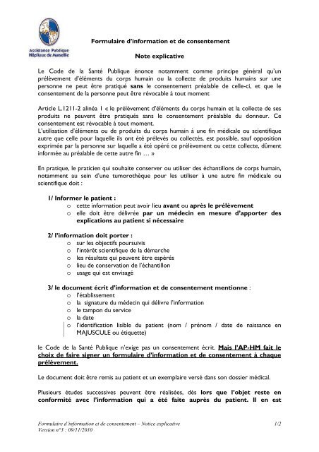 Formulaire d'information et de consentement Note explicative Le ...