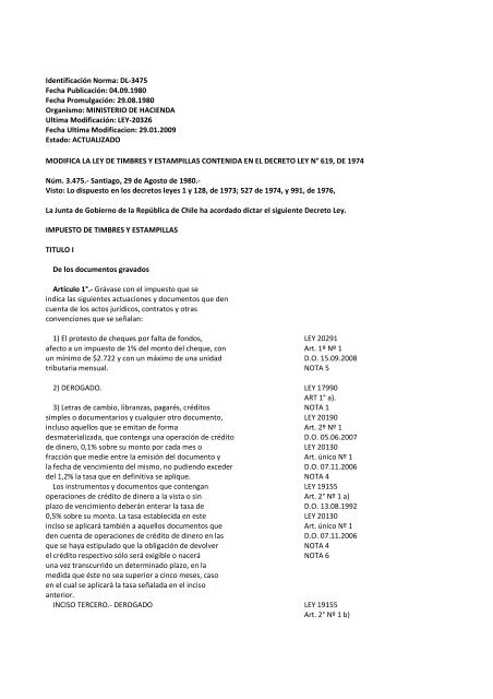 DL 3475, LEY DE TIMBRES Y ESTAMPILLAS; ACTUALIZADO AL ...
