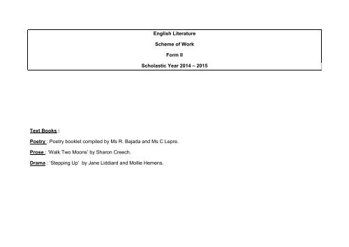 English Literature Scheme of Work Form II Scholastic Year 2012 ...
