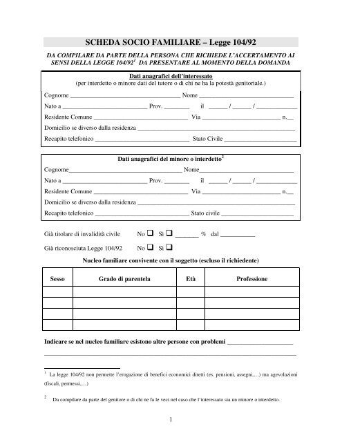 SCHEDA SOCIO FAMILIARE – Legge 104/92 No Sì
