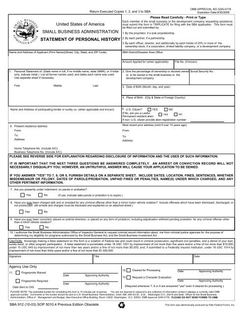SBA Form 912 - Statement of Personal History