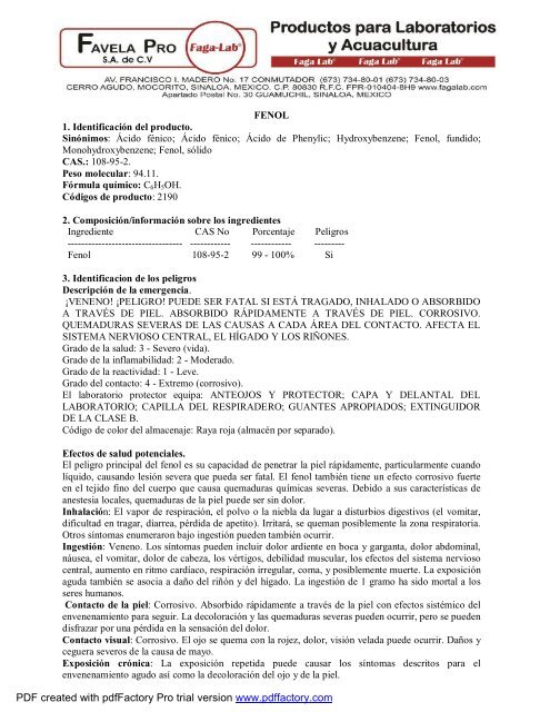 FENOL 1. Identificación del producto. Sinónimos: Ácido fénico ...
