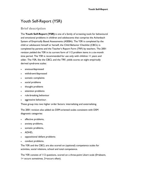 Youth Self-Report (YSR) - CAMH Knowledge Exchange