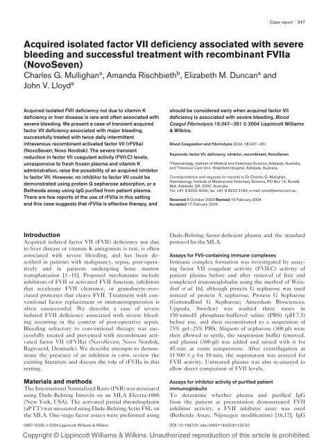Acquired isolated factor VII deficiency associated with severe ...