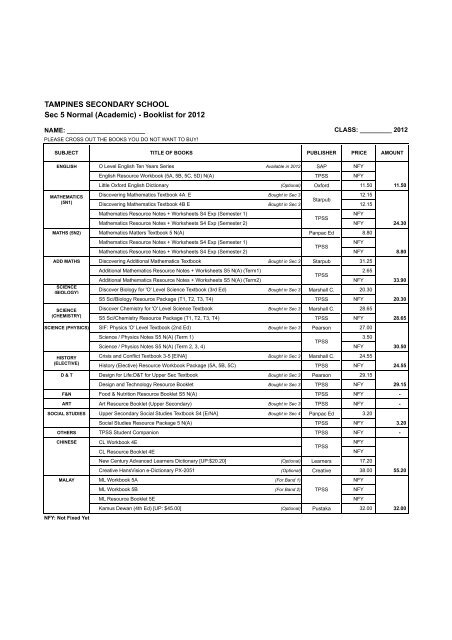 Book list and Stationery Sec 5 Normal Academic - Tampines ...