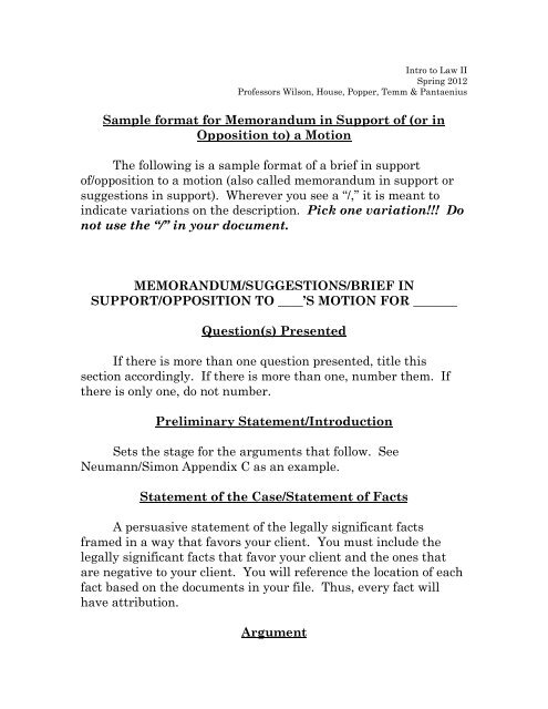 Sample format for Memorandum in Support of - UMKC School of Law Sample format for Memorandum in Support of - UMKC School of Law