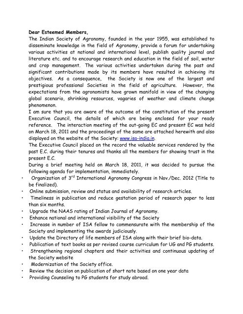 Dear Esteemed Members, The Indian Society of Agronomy, founded ...