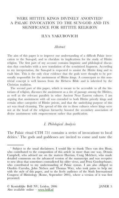 WERE HITTITE KINGS DIVINELY ANOINTED? A PALAIC ...