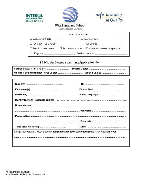 1 TESOL via Distance Learning Application Form - Wits Language ...