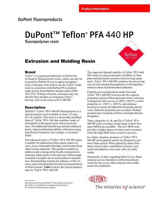 DuPont(tm) Teflon(R) PFA 440 HP, Extrusion and Molding Resin