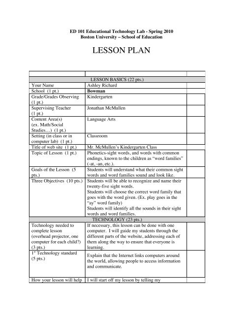 LESSON PLAN - Ed 101 - Boston University
