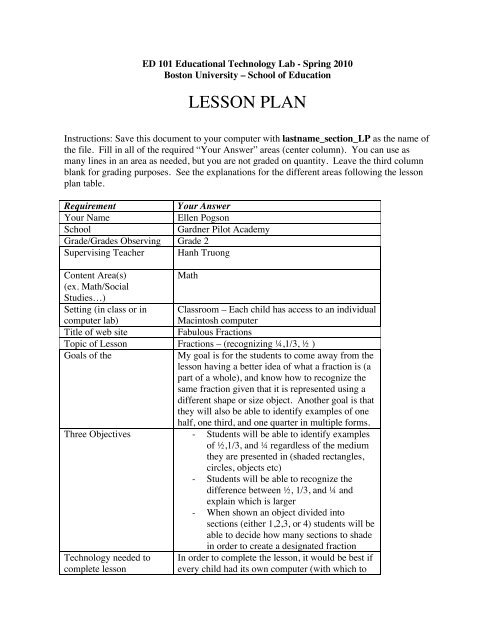 Fabulous Fraction Lesson Plan pdf ED101 Boston University
