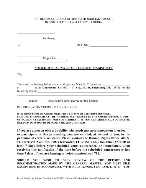 Notice of Hearing - Sixth Judicial Circuit