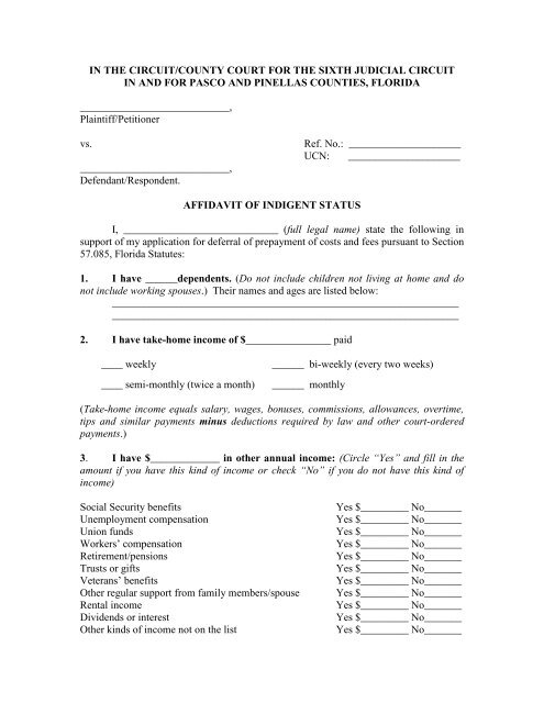 Affidavit Of Indigent Status Form Florida Affidavitform - Form example ...
