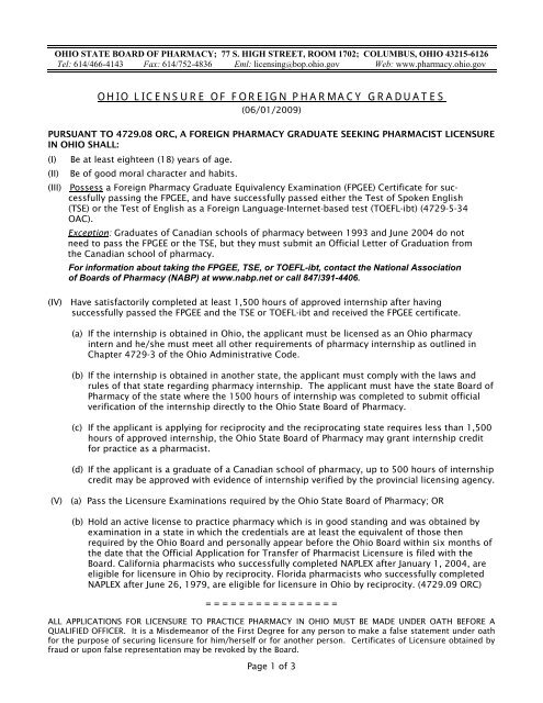 REQUIREMENTS ~ Ohio Licensure of Foreign Pharmacy Graduates ...