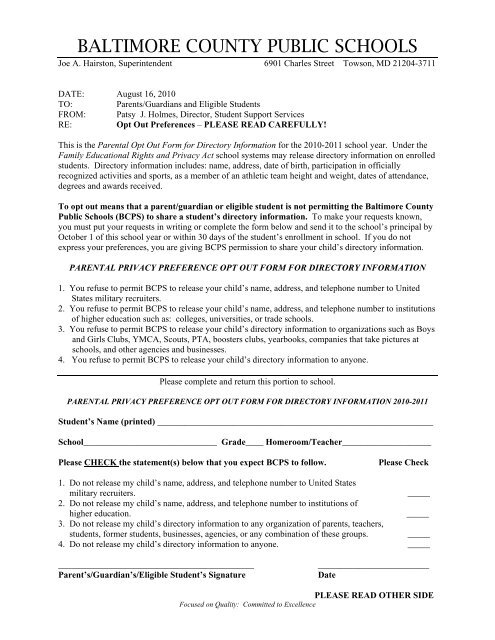 Parental Opt Out Form - Catonsville Middle School