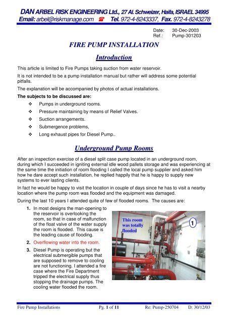 FIRE PUMP INSTALLATION Introduction Underground Pump Rooms