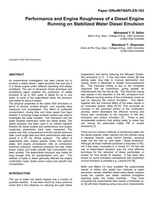 Performance and Engine Roughness of a Diesel Engine Running ...