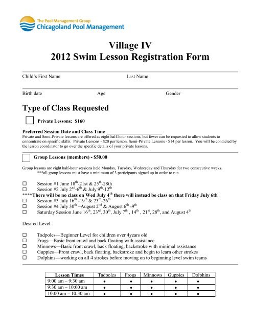 Swim Lesson Registration Form