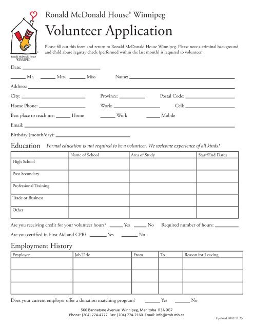 Volunteer Application - Ronald McDonald House