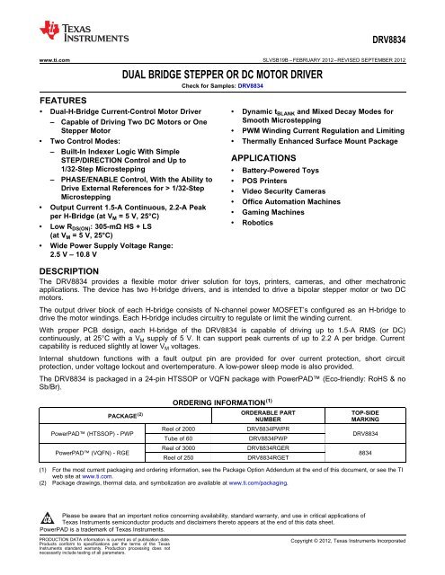 Texas Instruments DRV8834 stepper motor driver datasheet