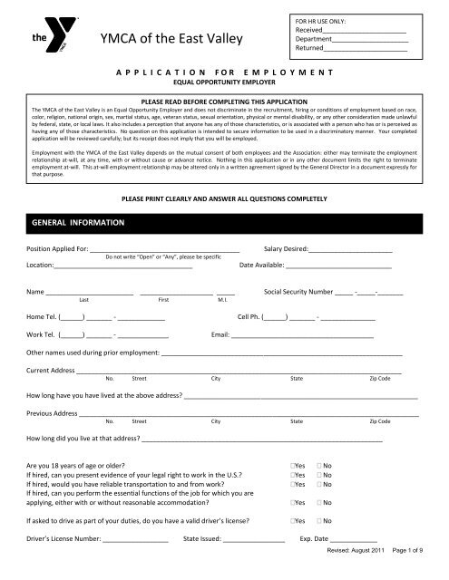 Job Application - YMCA of the East Valley