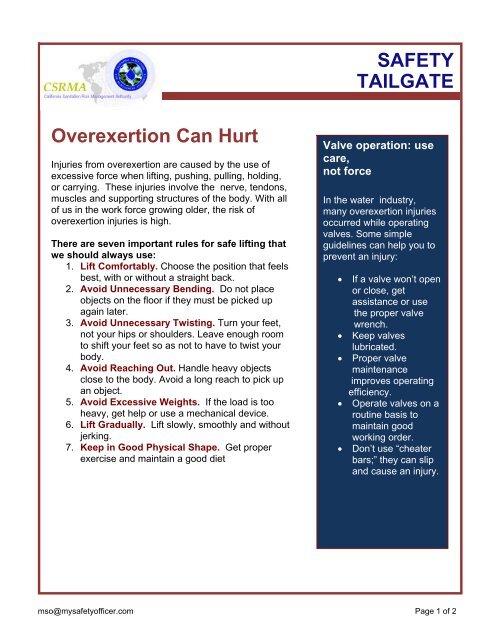 SAFETY TAILGATE Overexertion Can Hurt - Risk Control Online