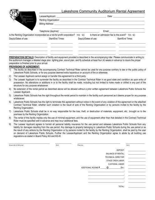 Lakeshore Community Auditorium Rental Agreement