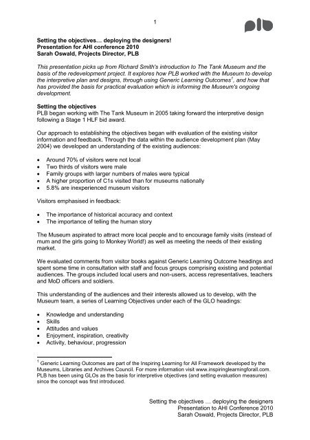 Generic Learning Outcomes at the Tank Museum â Notes